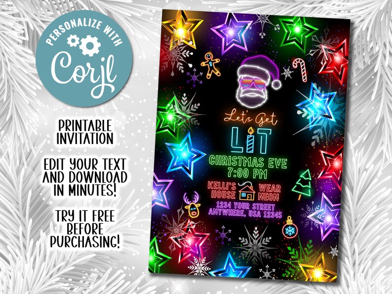 Let's Get Lit Neon Glow Christmas Party Invitation Digital Printable ...