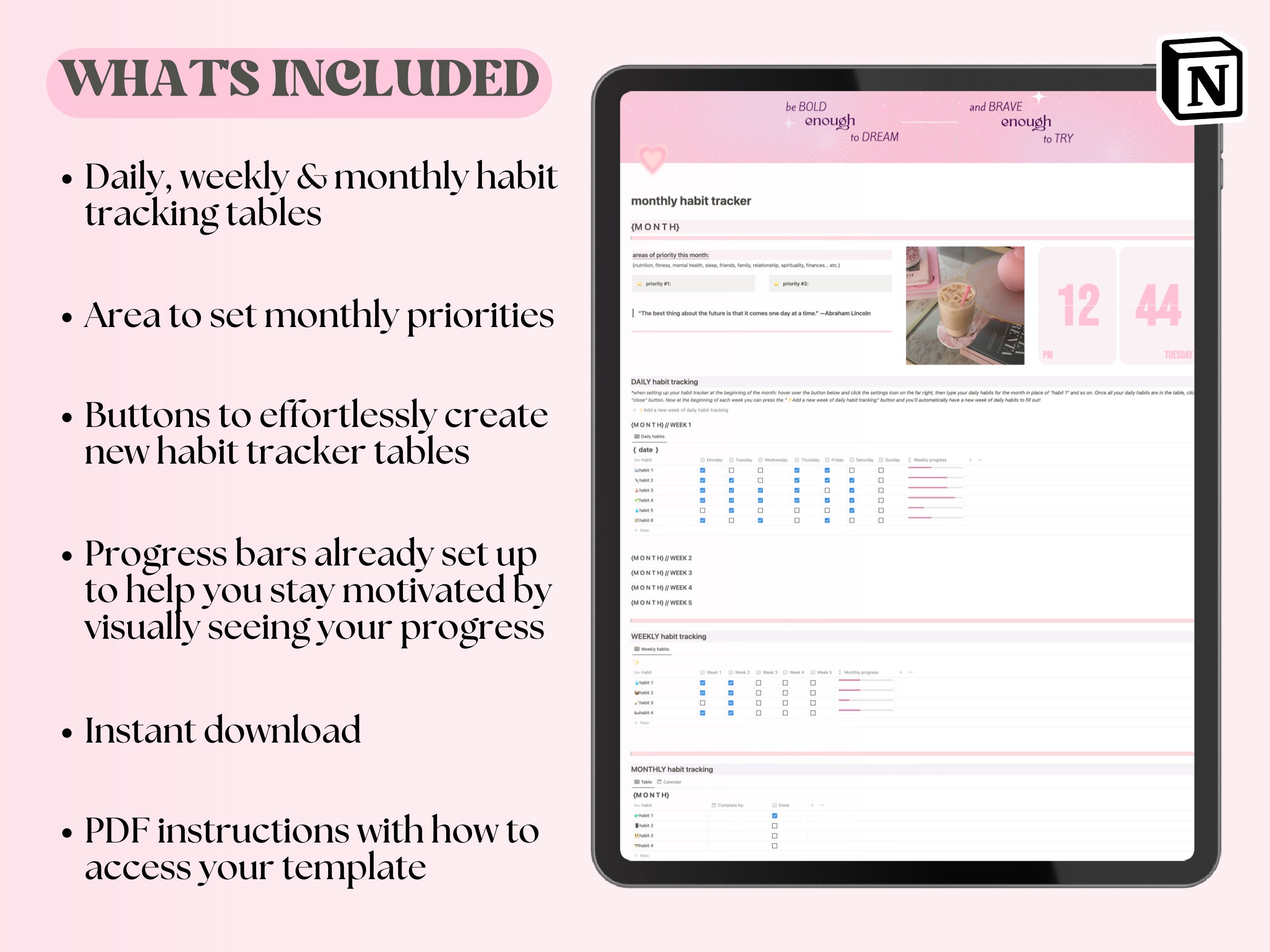 Notion Habit Tracker Template // Aesthetic Notion Productivity Tracker ...
