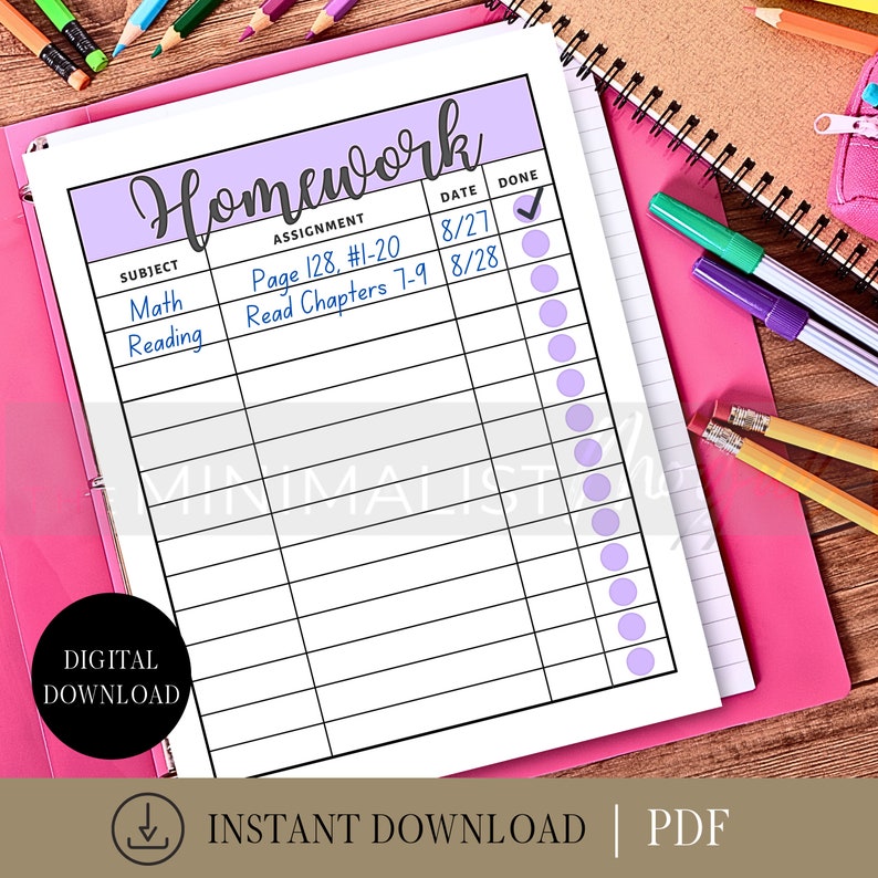 Printable Homework Tracker: Colorful Checklist Template (PDF Download ...