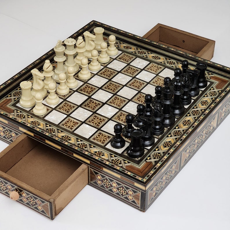 Gorgeous Chess Table, With Metal Chess Pieces, Size 15-3/4"(l) X 15-3/4 ...