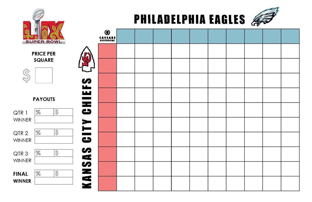 Super Bowl 2025 Football Squares Pool Template – Instant Download - Etsy