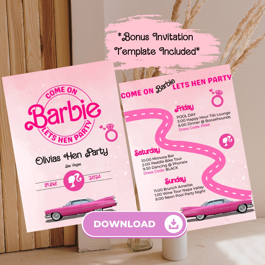 Editable Hen Party Itinerary Barbie Hen Party Come on Barbie Lets Go ...
