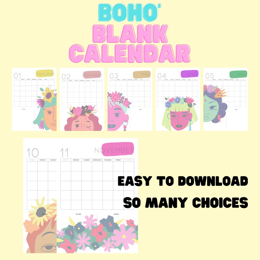 Blank Calendar Boho Fun Design Printable - Etsy