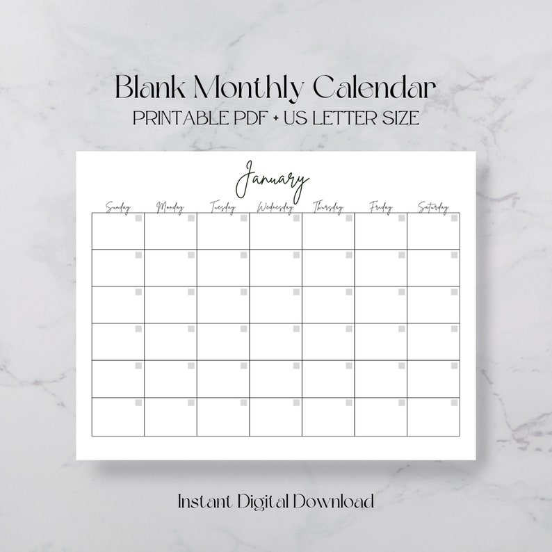 Blank Monthly Calendar Simple Calendar Printable Calendar Unnumbered ...