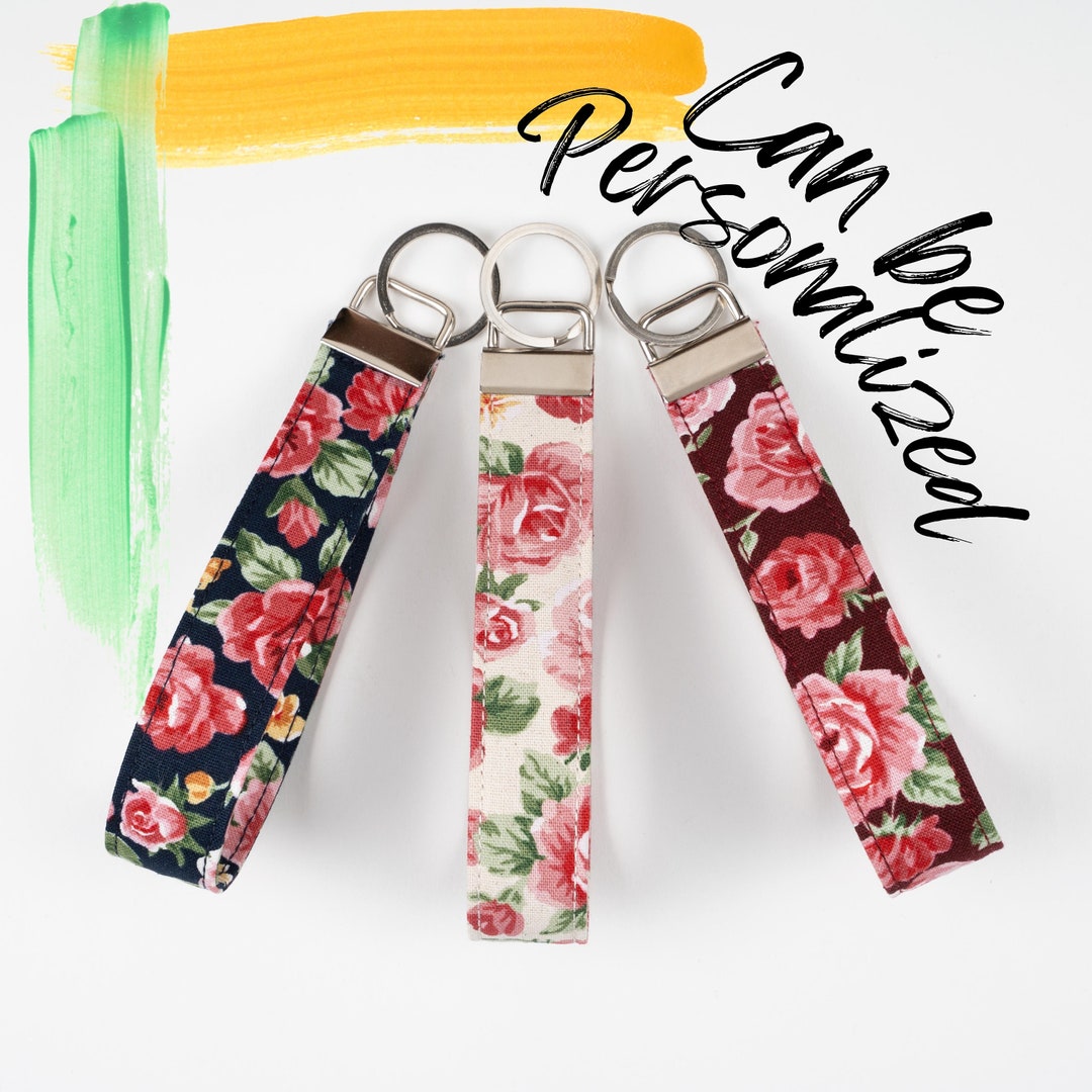 Personalized Floral Wristlet Keychain: Embroidered Cotton Key Fob - Etsy