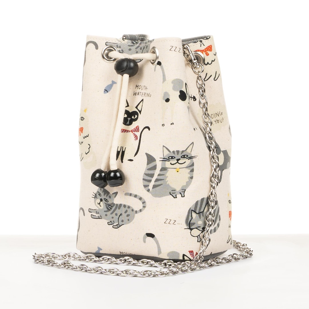 Handmade Drawstring Bucket Bag meow Meow Everywhere/drawstring Purse ...