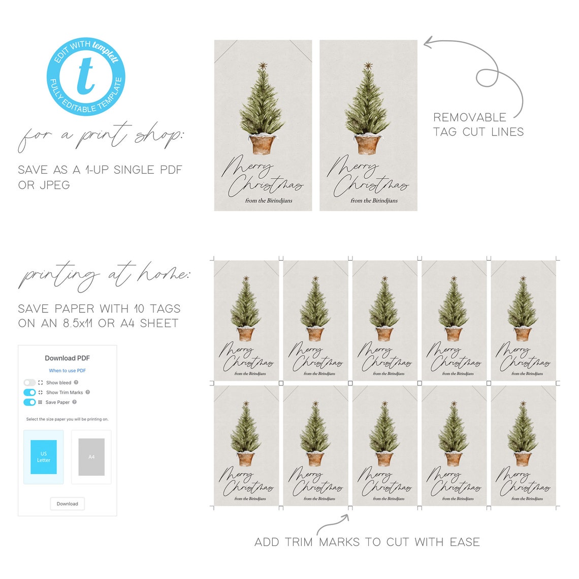 Editable Christmas Gift Tag, Christmas Template, Holiday Gift Tag, Edit ...