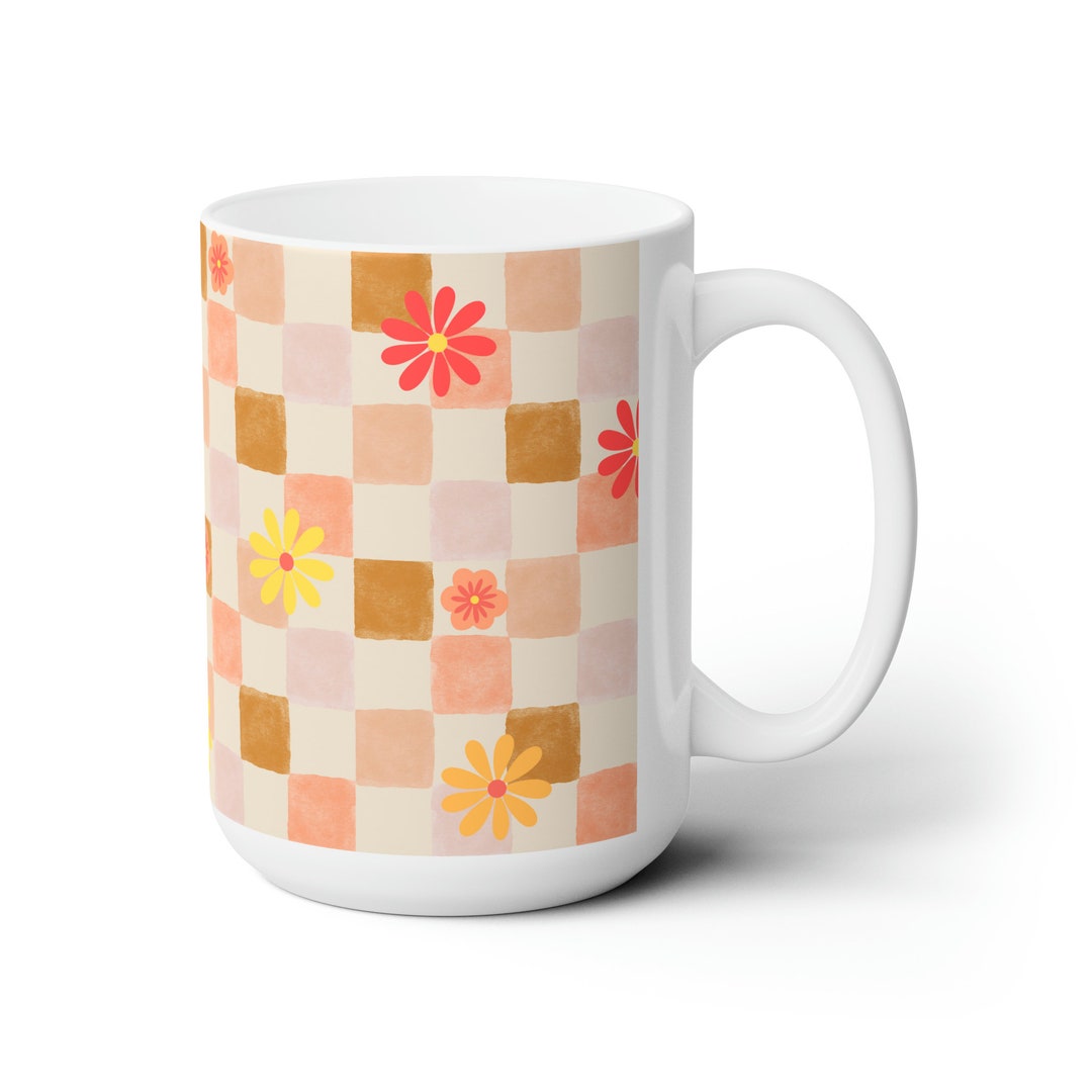Pastel Checkered Mug With Flowers, Mother's Day Gift, Checkered Pattern ...