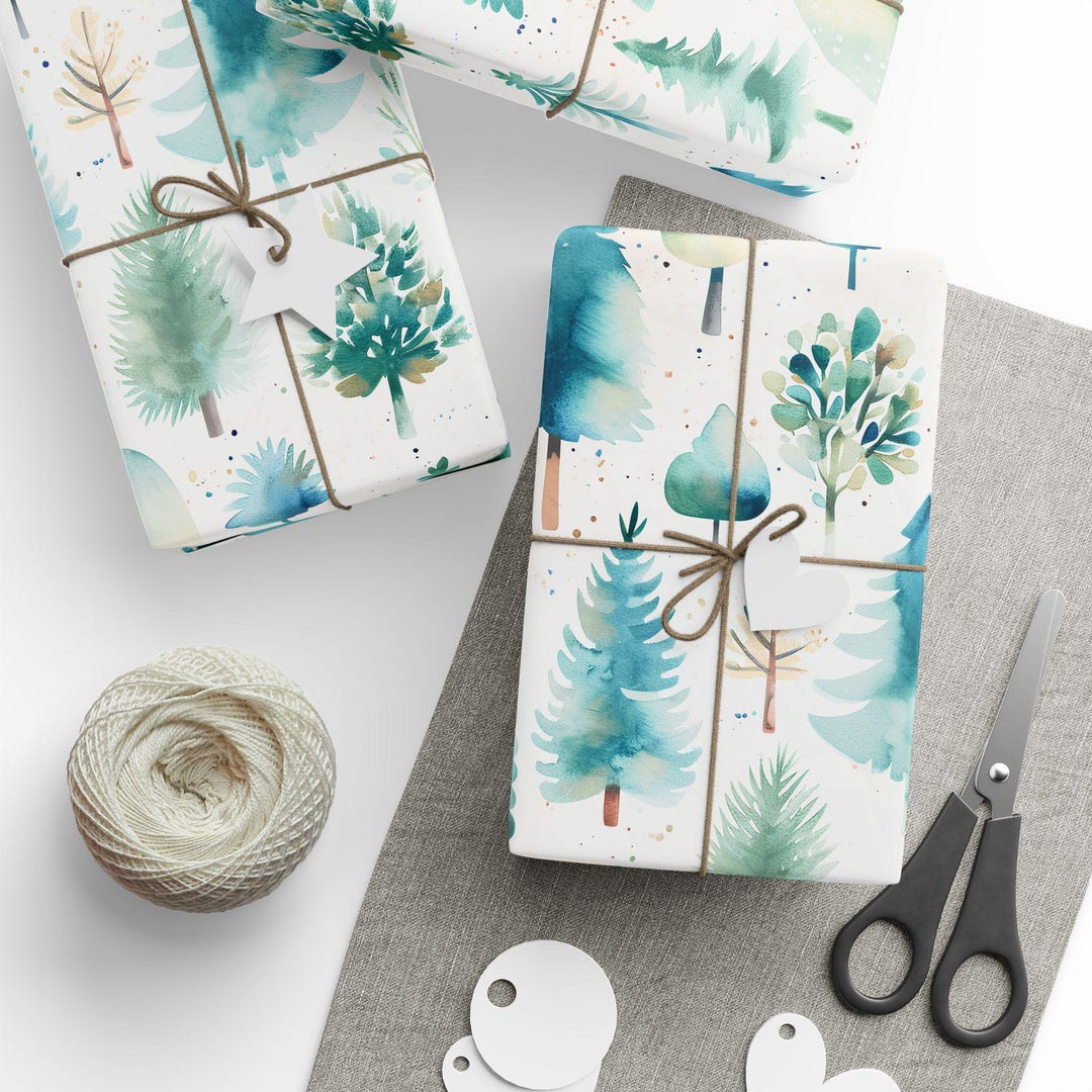 Pine Tree Watercolor Wrapping Paper, Fall Forest Wrapping Paper, Nature ...
