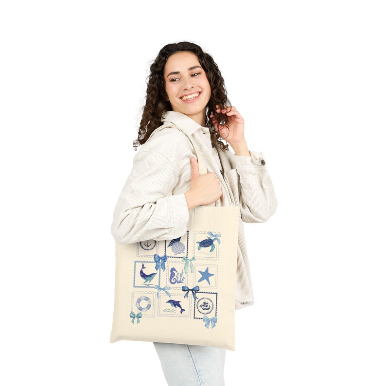 Ocean Themed Stamps Beach Tote With Bows, Maritime Vibe Cotton Canvas ...