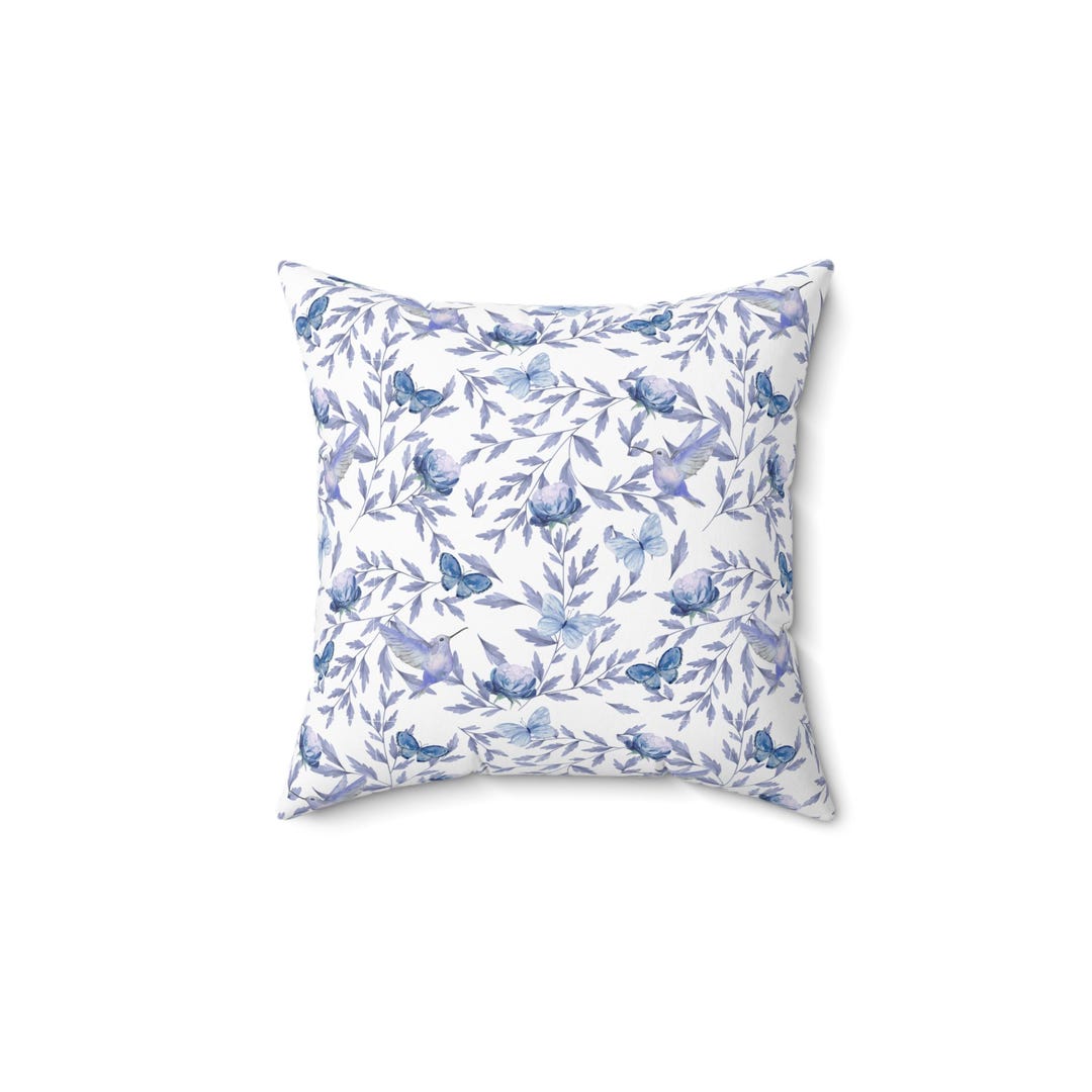 Blue Toile Throw Pillow With Roses, Birds and Butterflies - Etsy