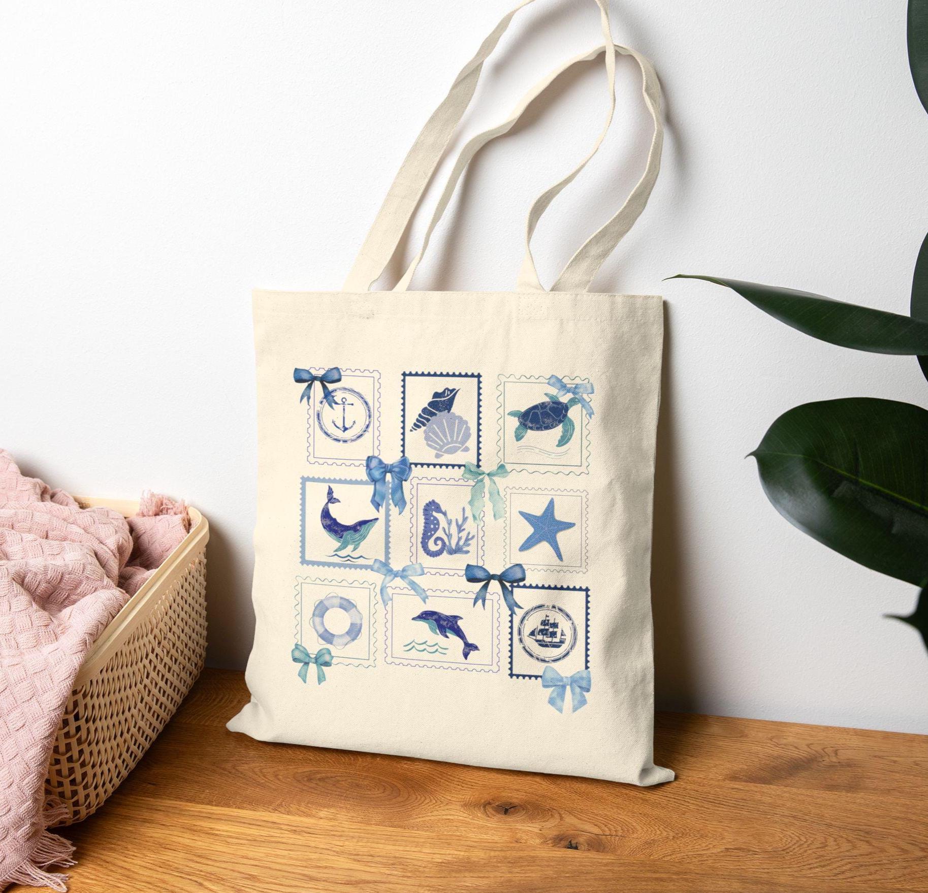 Ocean Themed Stamps Beach Tote With Bows, Maritime Vibe Cotton Canvas ...