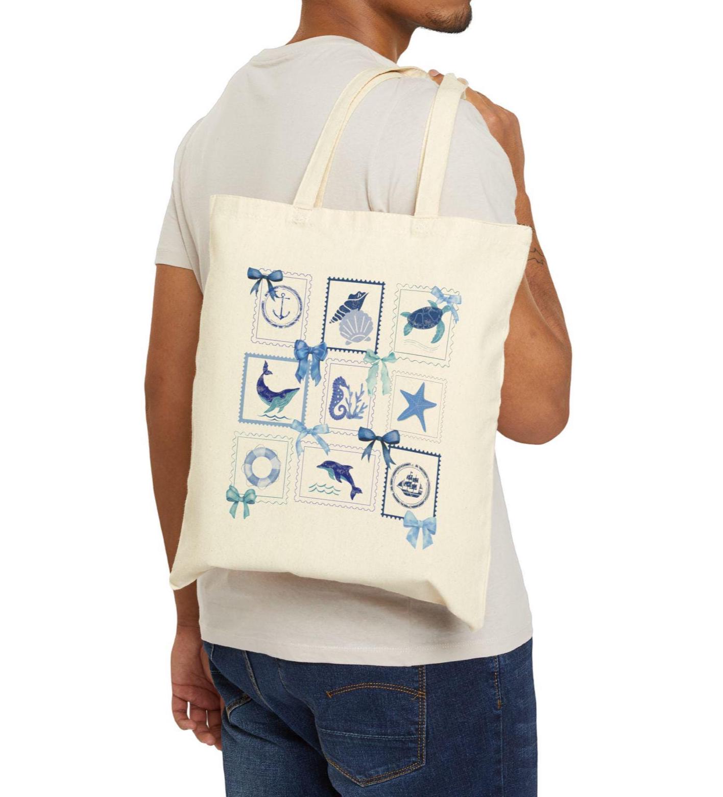 Ocean Themed Stamps Beach Tote With Bows, Maritime Vibe Cotton Canvas ...