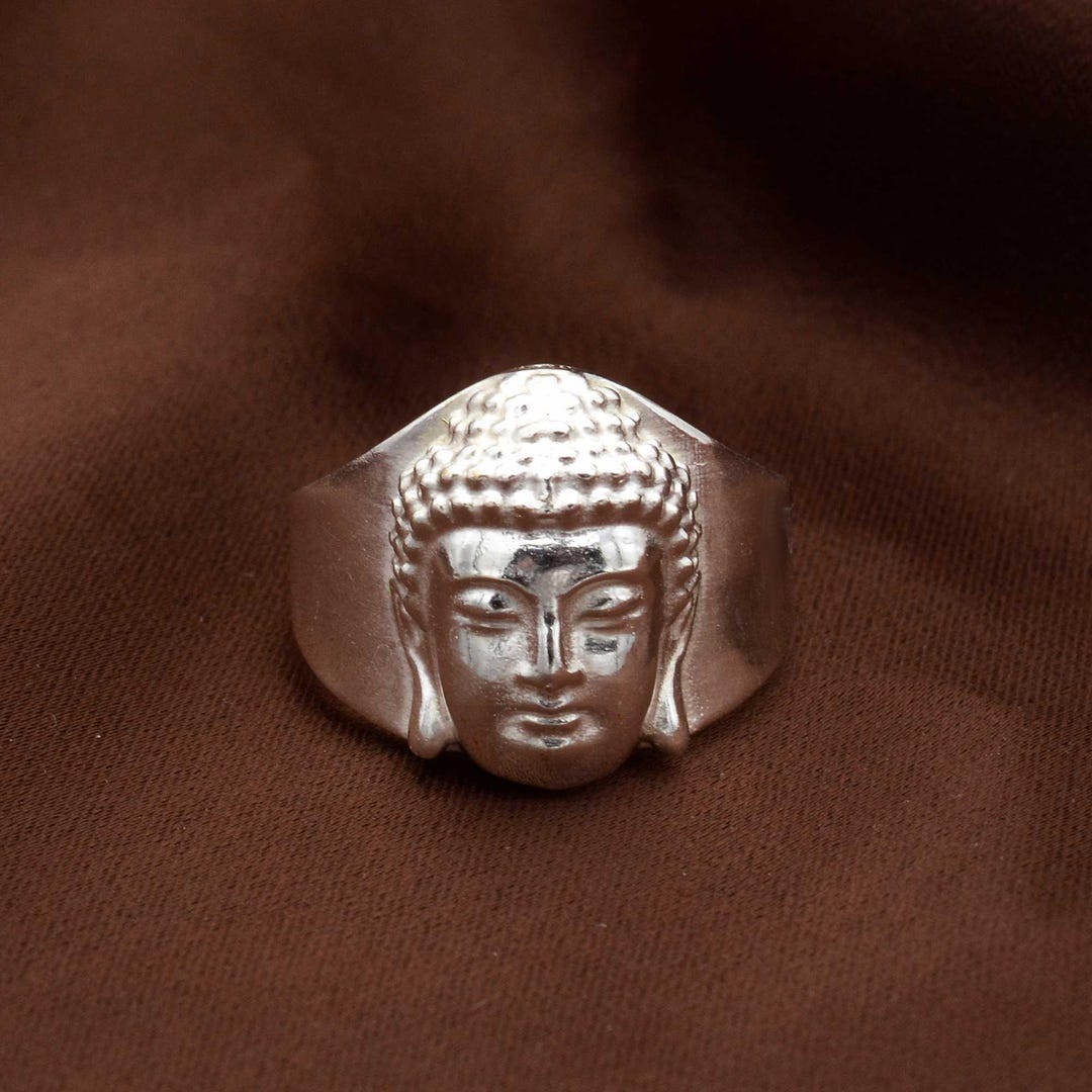 Handcrafted German Silver Buddha Face Ring, Zen Spiritual Protection ...