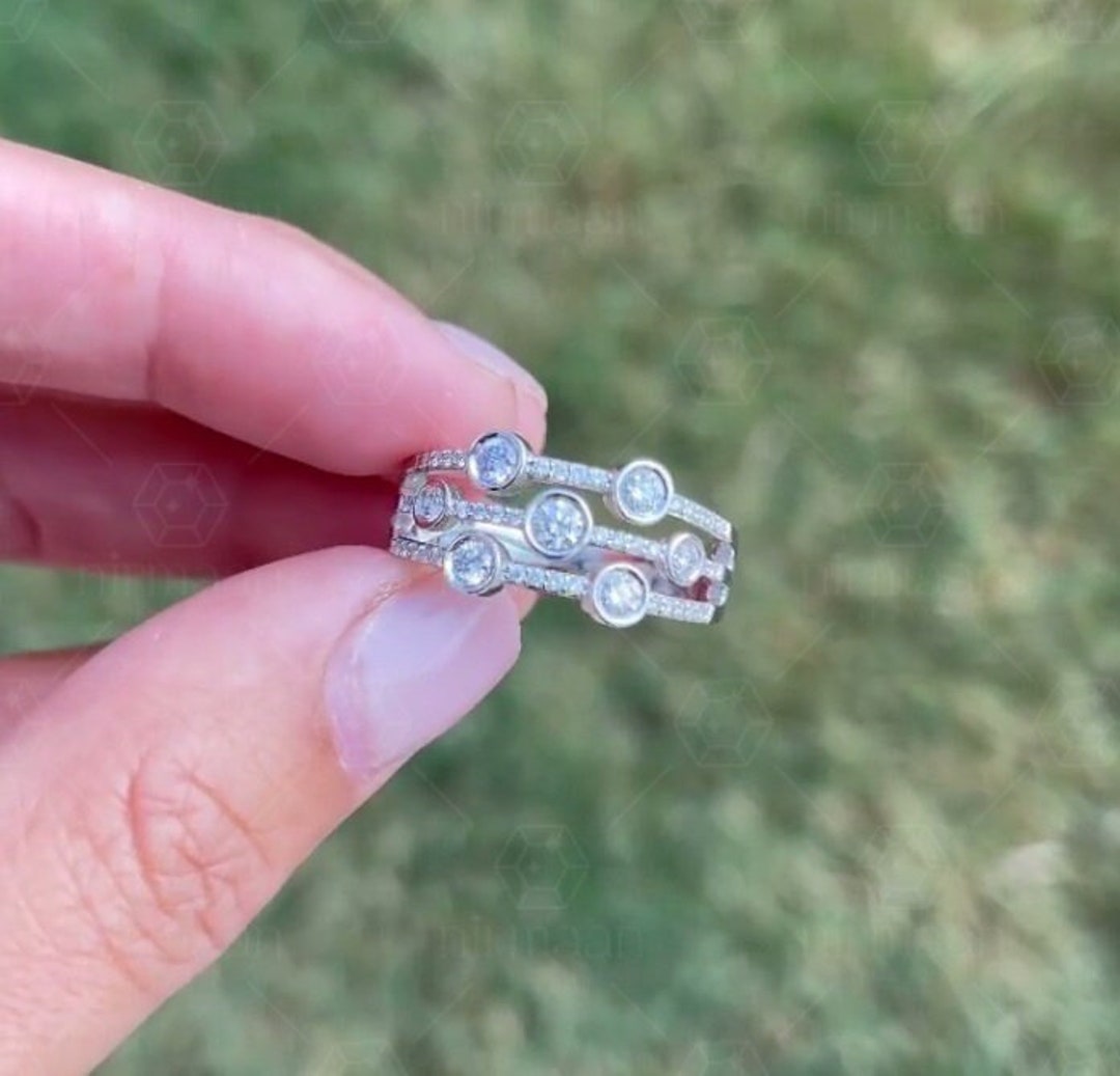 Rain Drop Ring, Round Moissanite Bezel Set Ring, Bubble Ring, Scatter Ring, 925 Sterling Silver ...