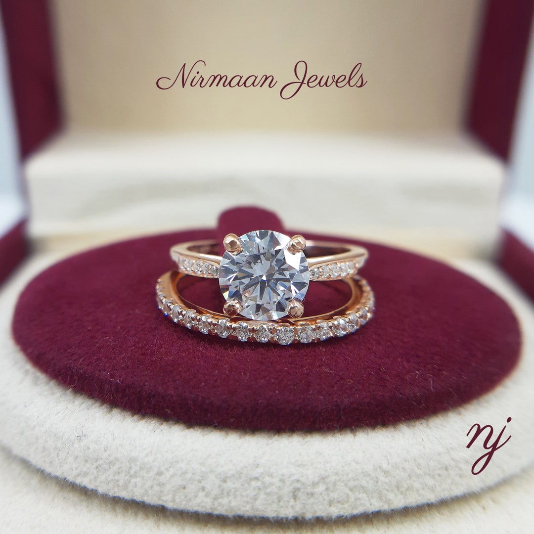 Round Diamond Wedding Ring Set, Round Cut Solitaire Engagement Ring Set ...