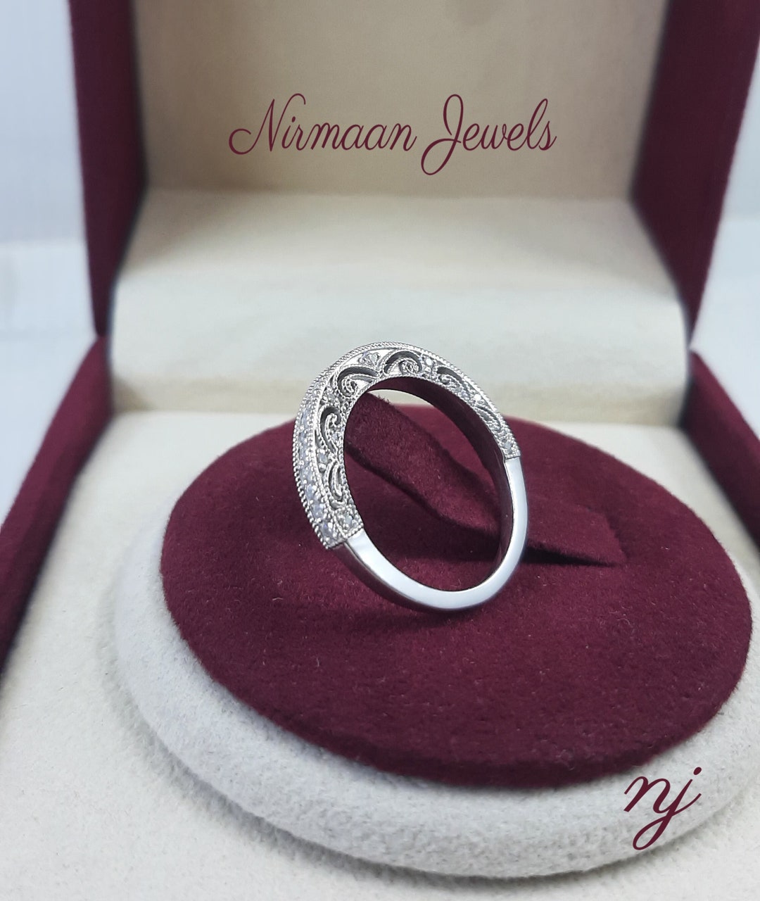 Art Deco Vintage Style Wedding Band, Round Diamond Simulant Wedding ...