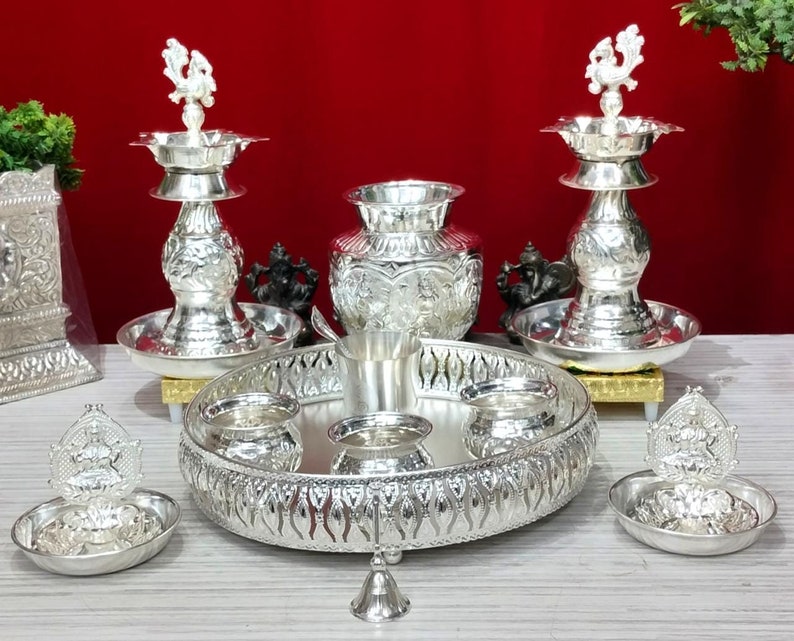 German Silver Pooja Plate Aarti Set for Wedding/ Festival / Gift With ...