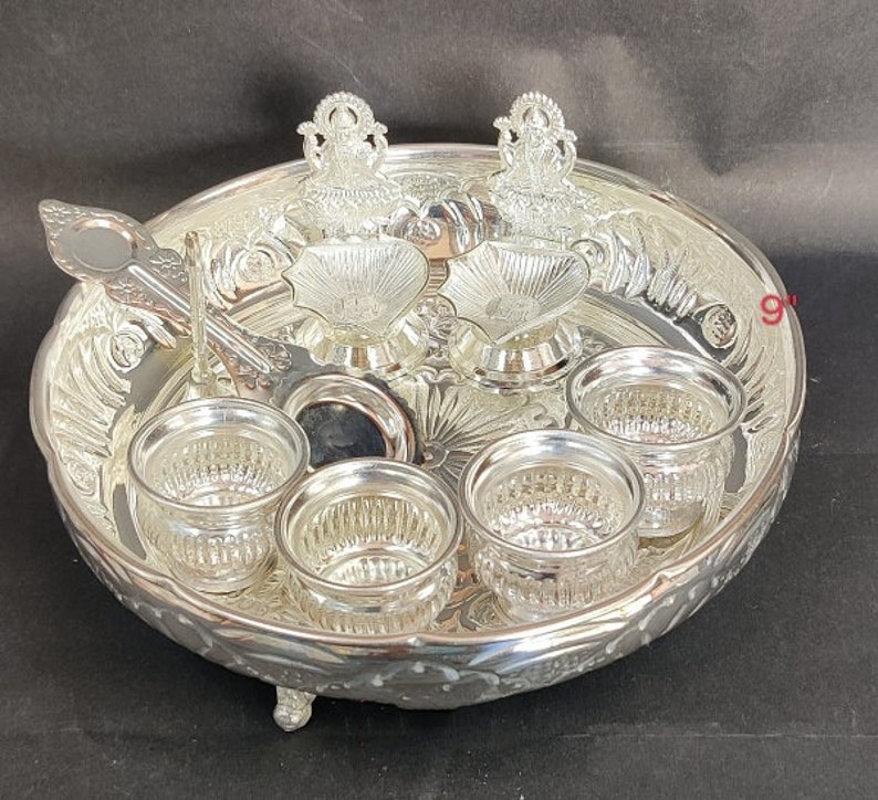 German Silver Pooja Plate Aarti Set for Wedding/ Festival / Gift With ...