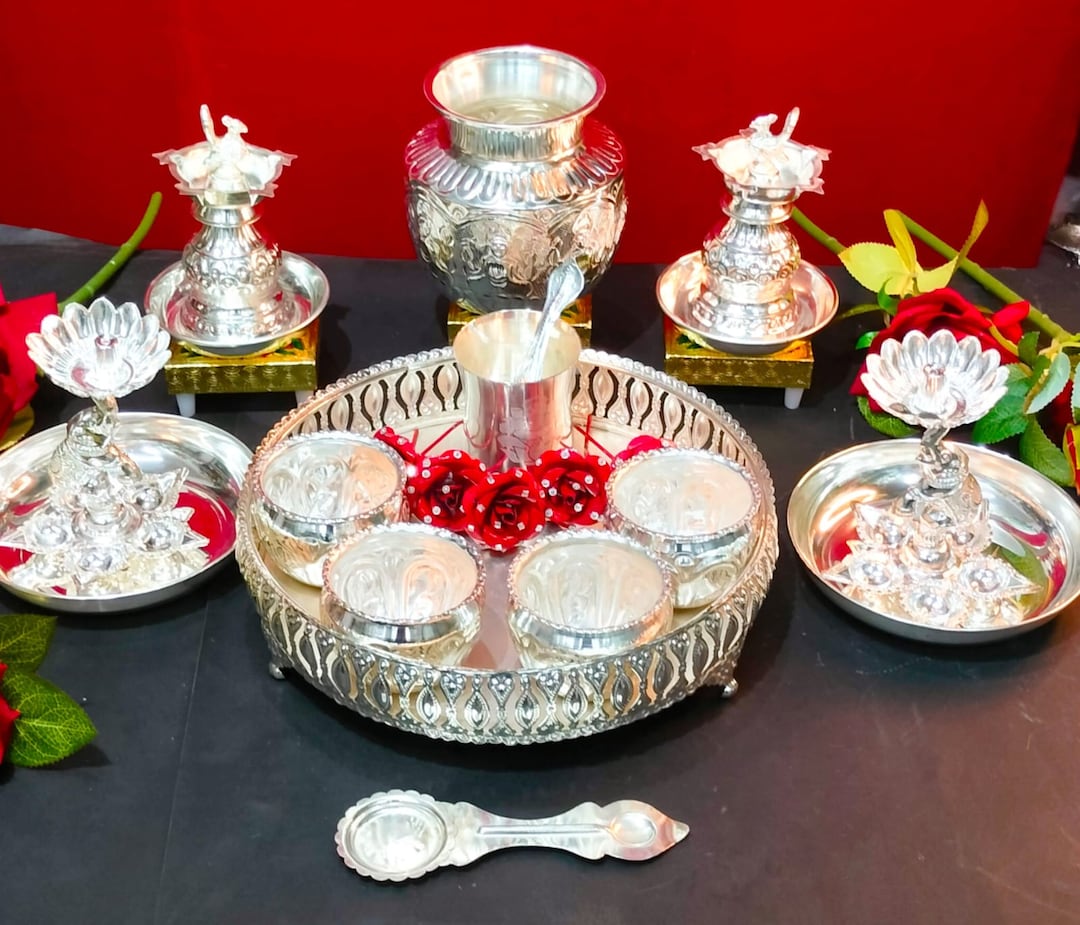 German Silver Pooja Plate Aarti Set for Wedding/ Festival / Gift With ...