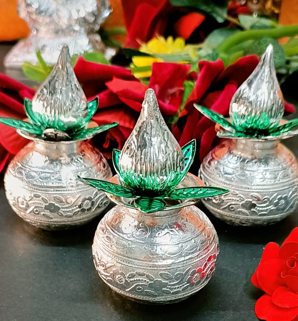 German Silver Kalash for Pooja / Home Décor With Leaves and Nariyal for ...