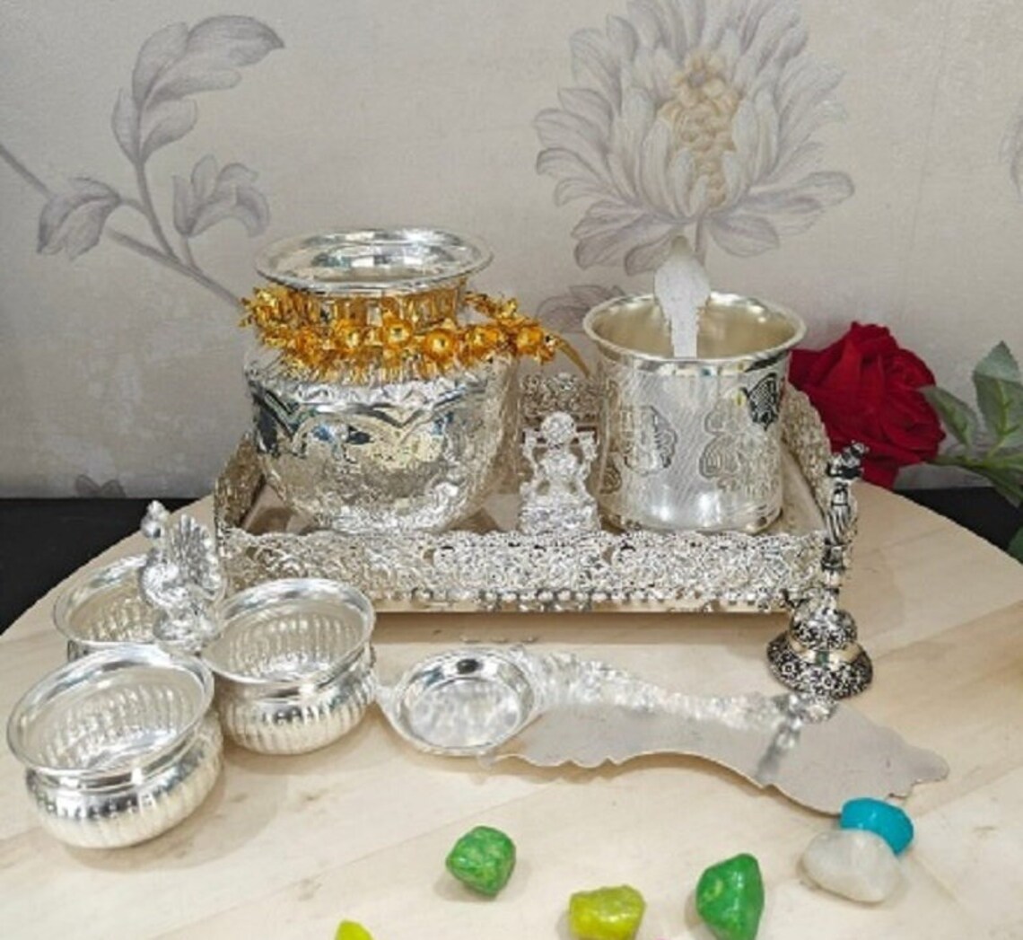 German Silver Pooja Thali Plate Combo Set for House Warming Party ...