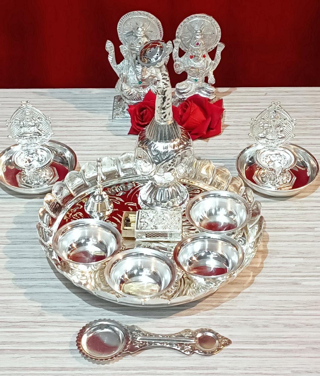 German Silver Pooja Plate Aarti Set for Wedding/ Festival / Gift With ...
