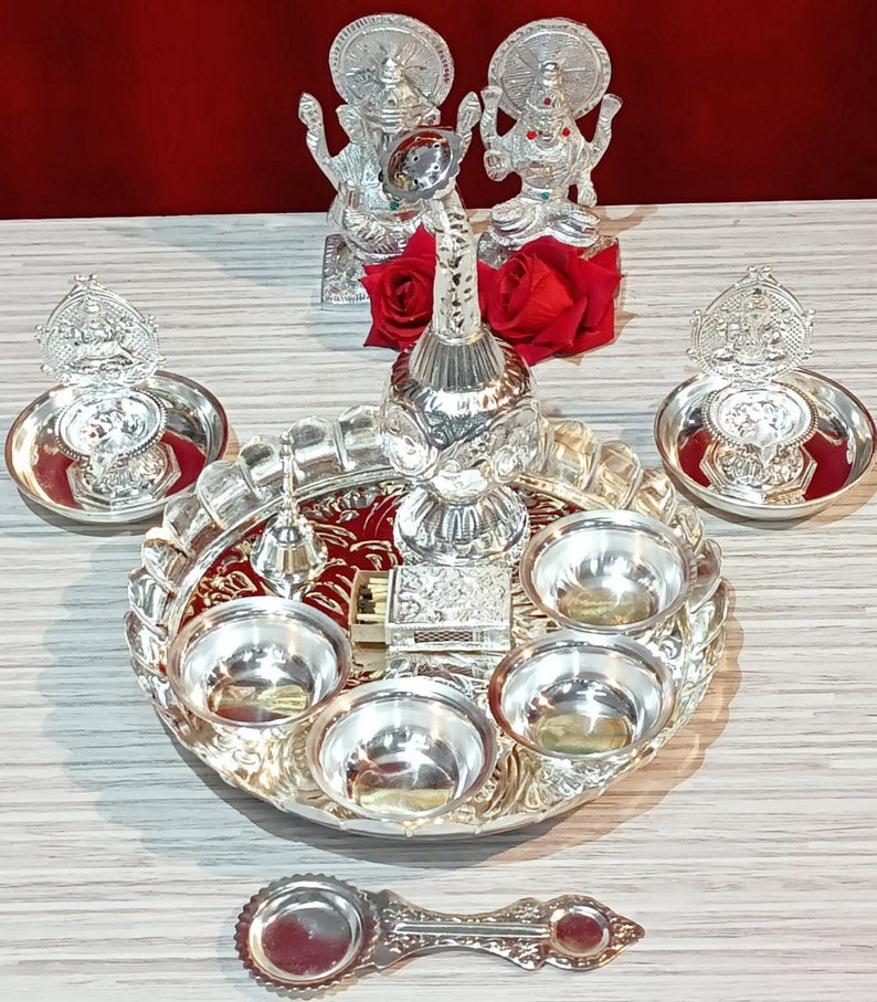 German Silver Combo Pack of Pooja Thali Set for House Warming Party ...