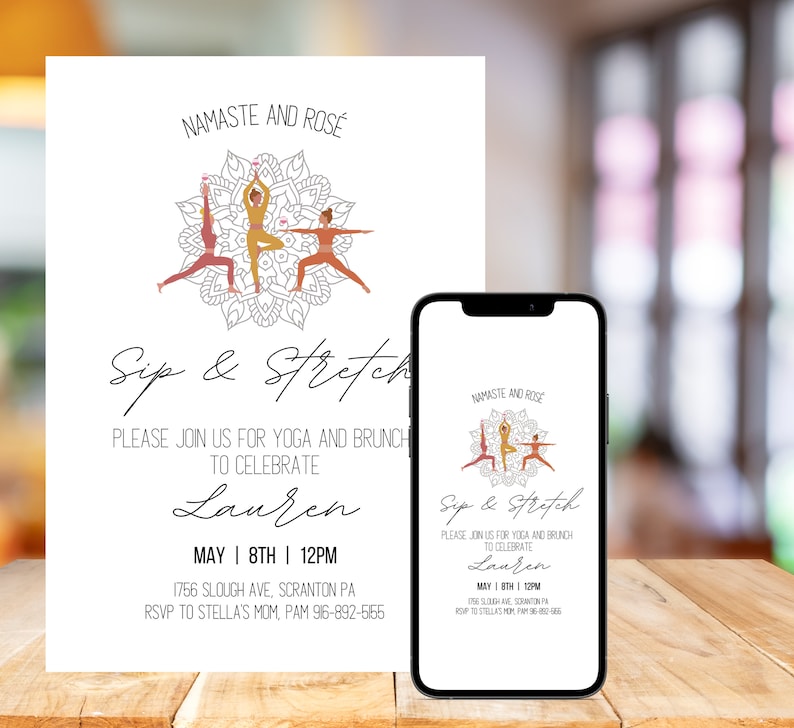 Ladies Yoga Party Invitation, Namaste and Rose, Minimal and Chic Yoga ...