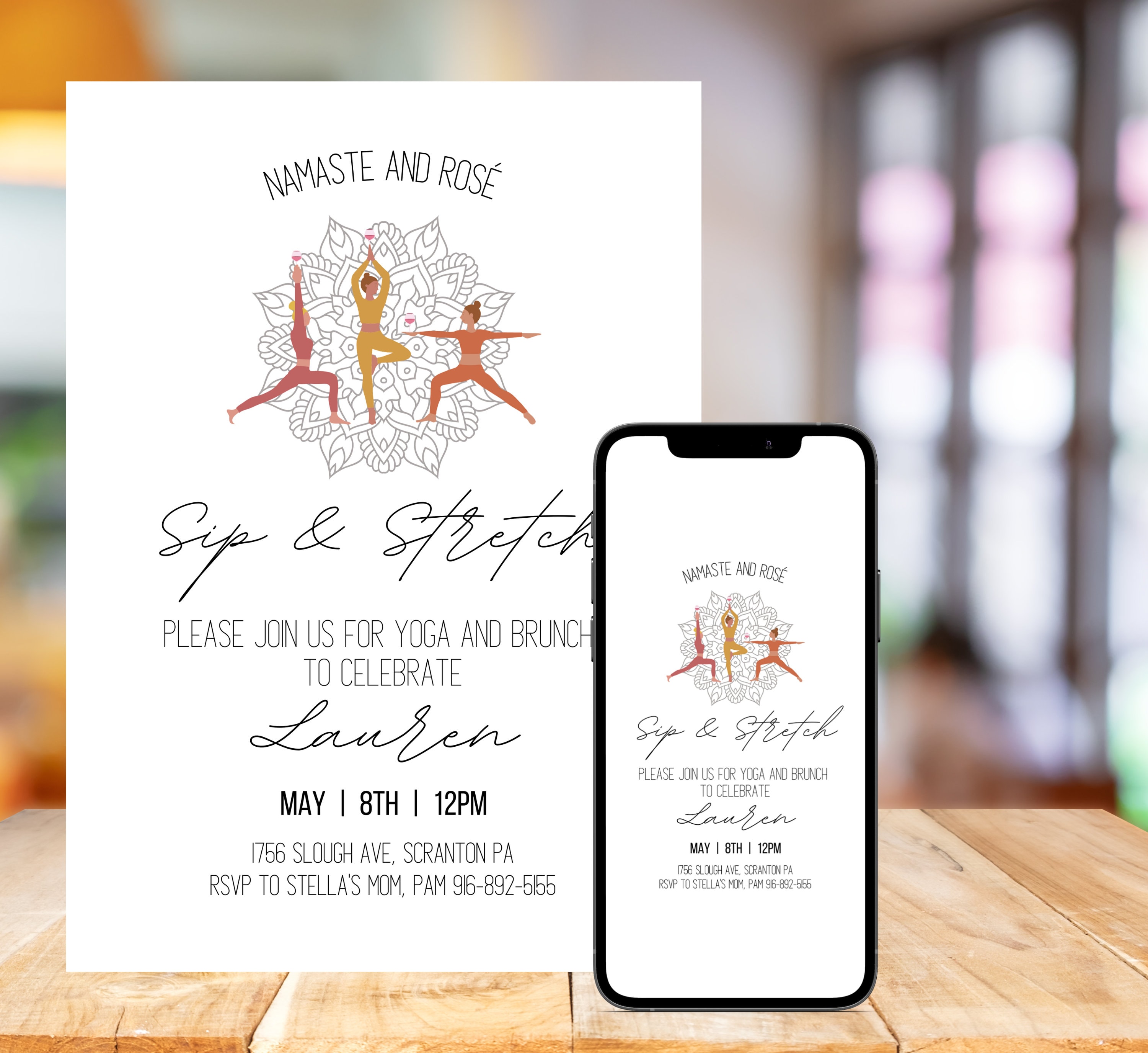 Ladies Yoga Party Invitation, Namaste and Rose, Minimal and Chic Yoga ...
