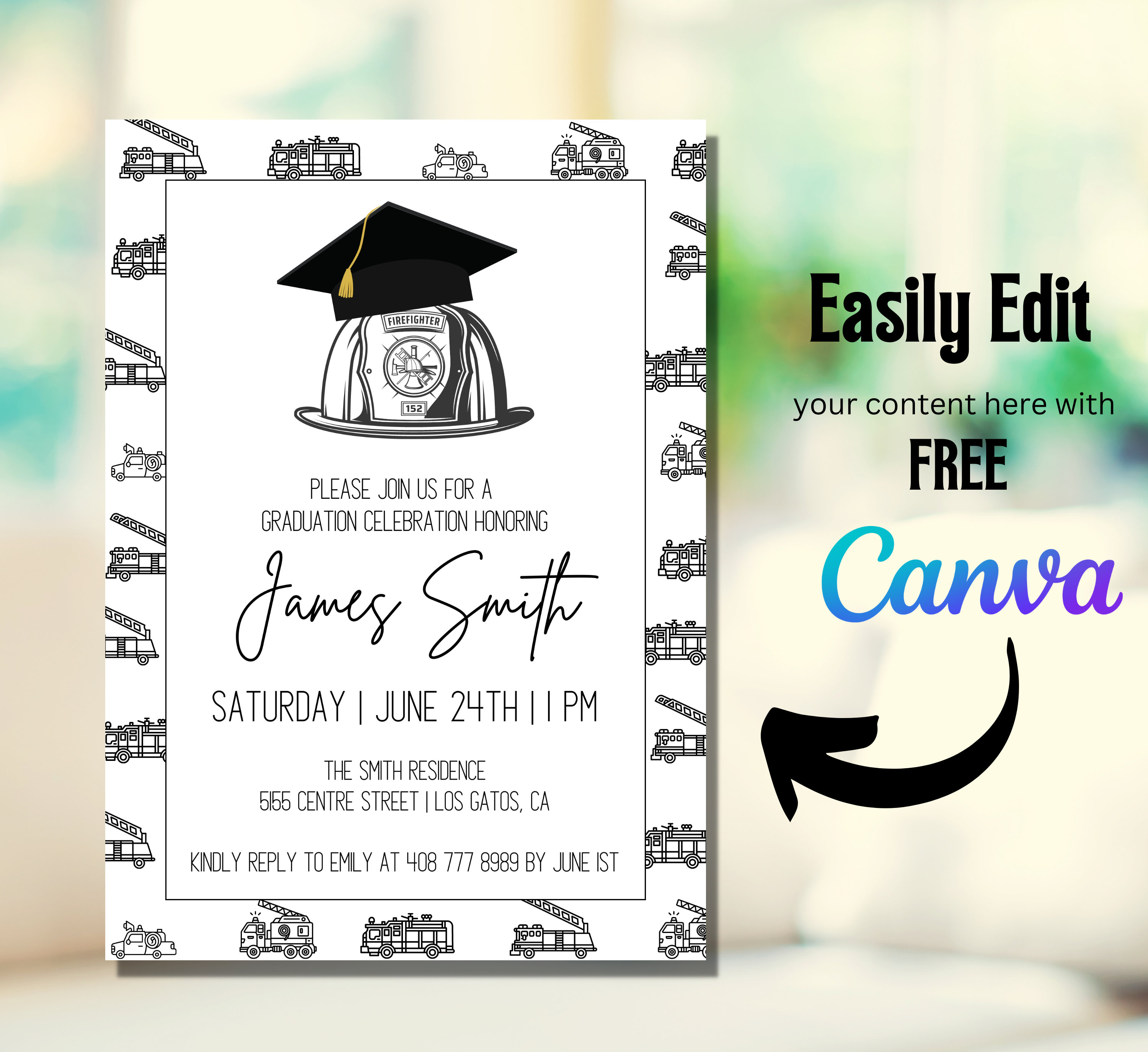 Fire Academy Grad Party, Firefighter Graduation Invitation, Editable ...