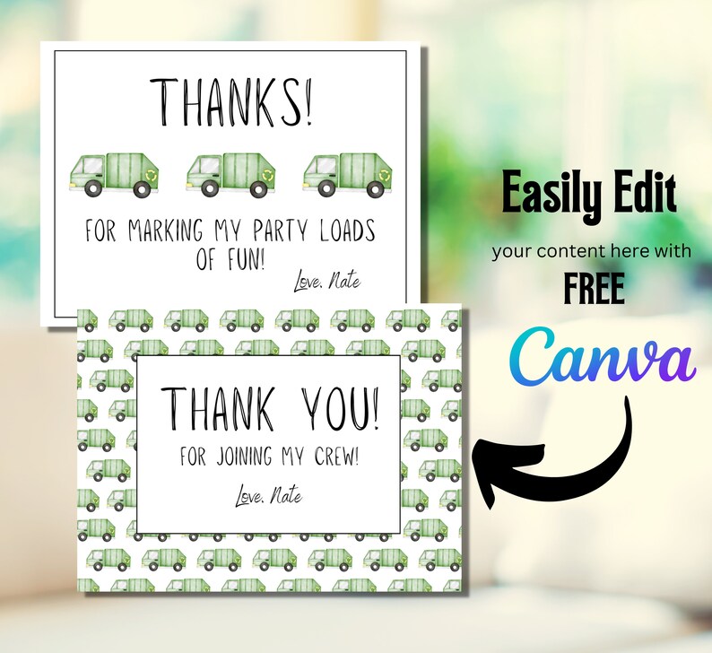 Garbage Truck Birthday Party Thank You Cards Garbage Trash - Etsy