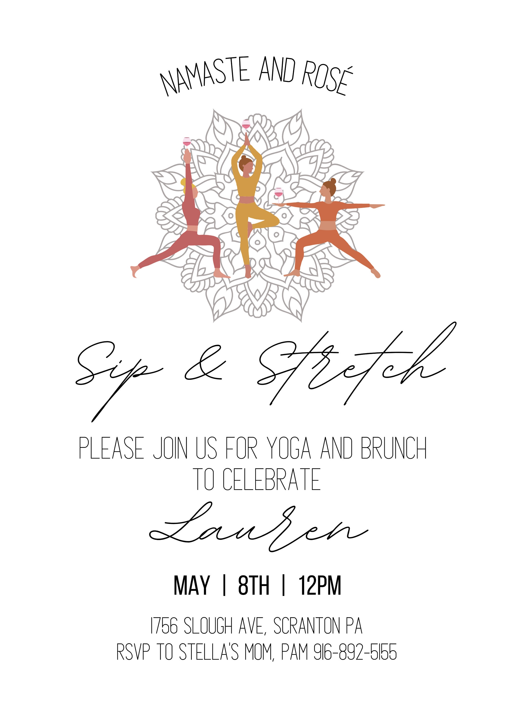 Ladies Yoga Party Invitation, Namaste and Rose, Minimal and Chic Yoga ...