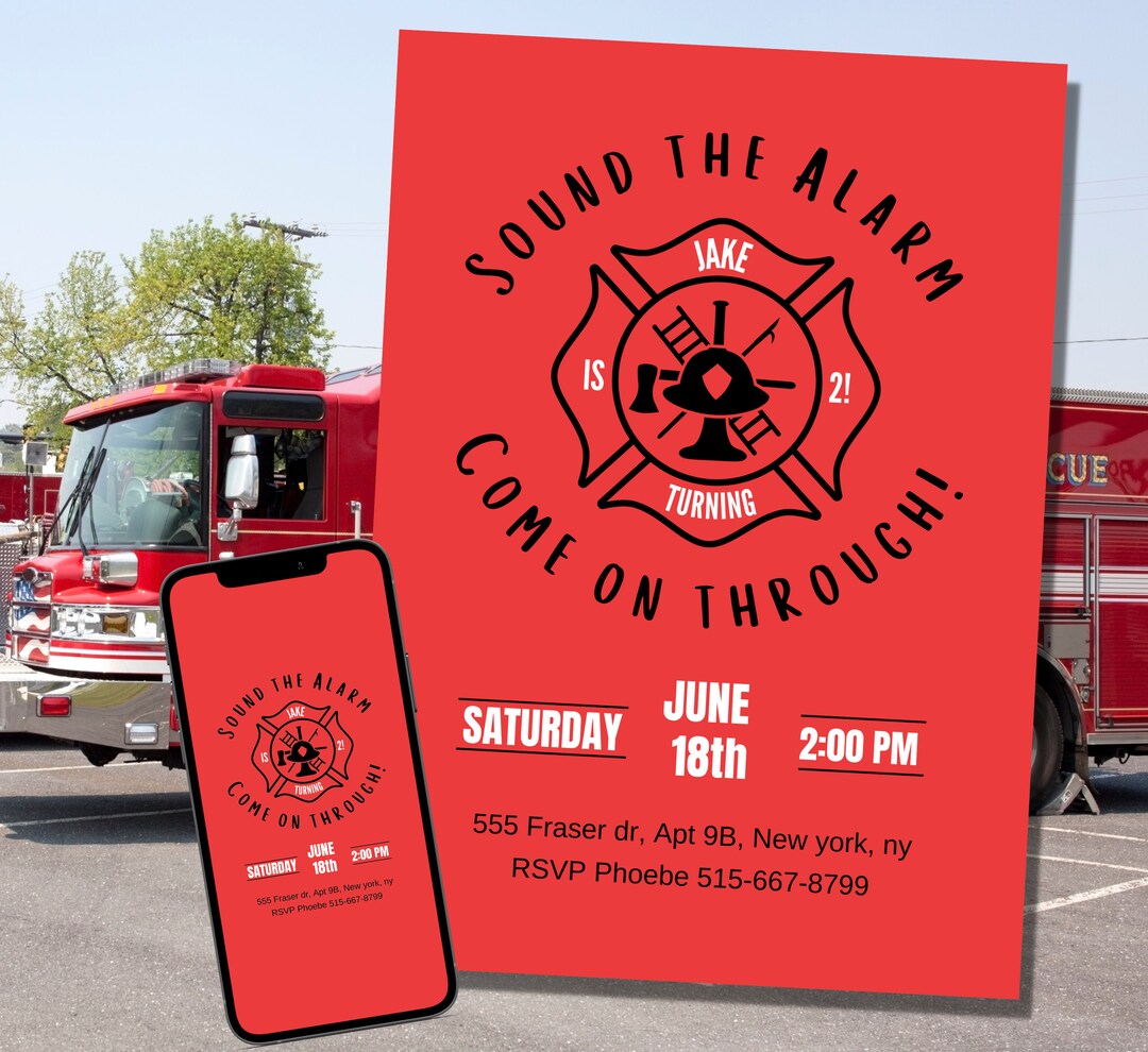 Editable Fireman Birthday, Fire Truck Engine Modern Birthday Party ...