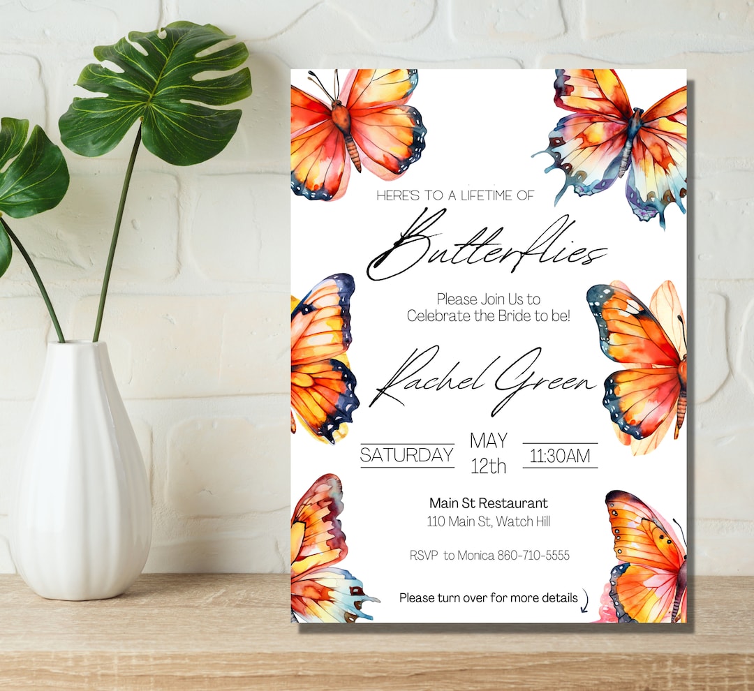 Lifetime of Butterflies Bridal Shower Invite, Watercolor Monarch ...