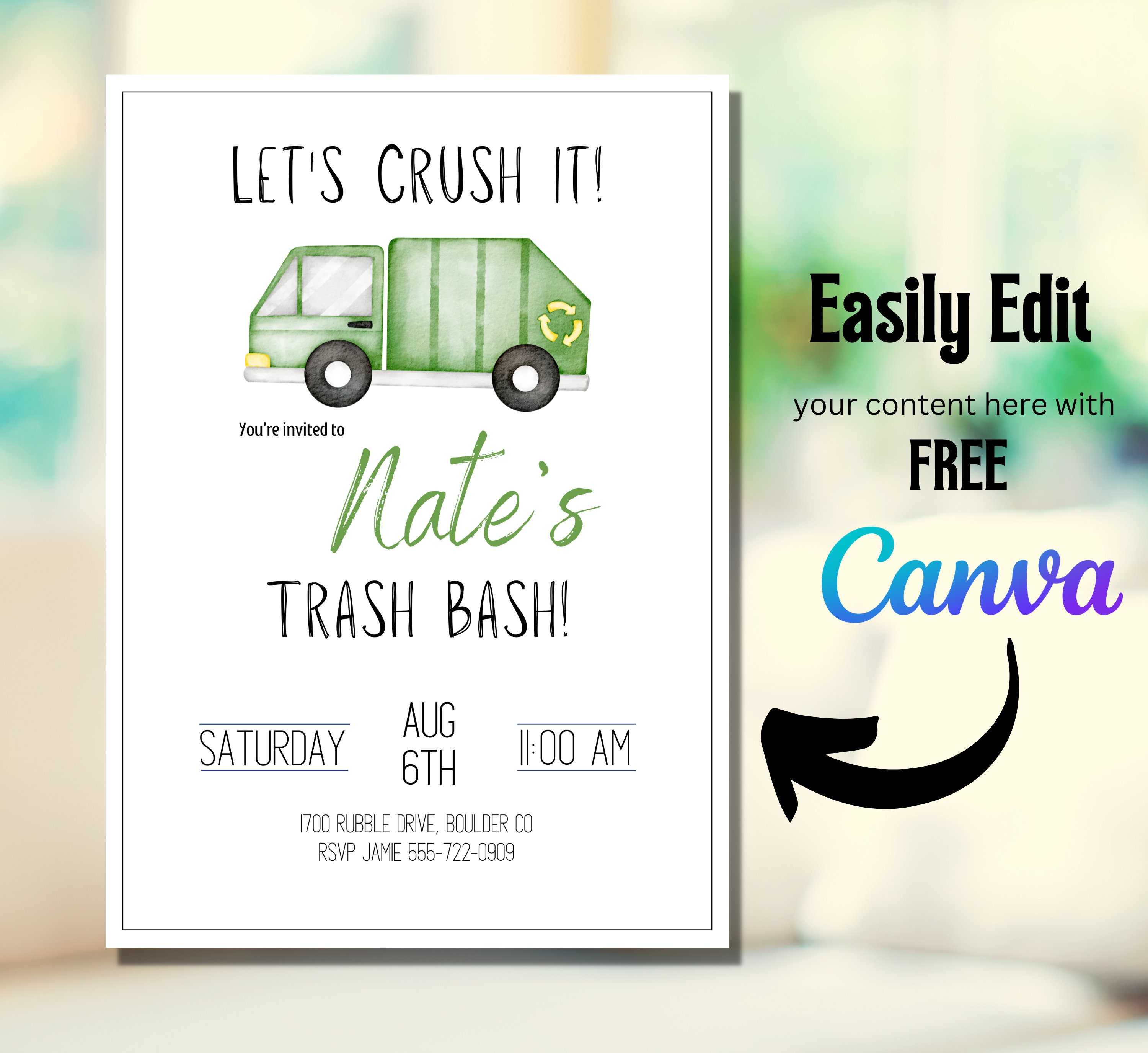 Garbage Truck Party Invite, Trash Truck Birthday Party, Toddler Boy ...