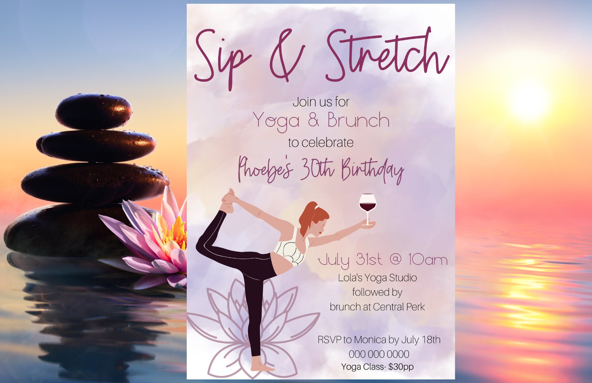 Sip & Stretch Yoga Party Invite, Ladies Yoga Party Invitation, Namaste ...