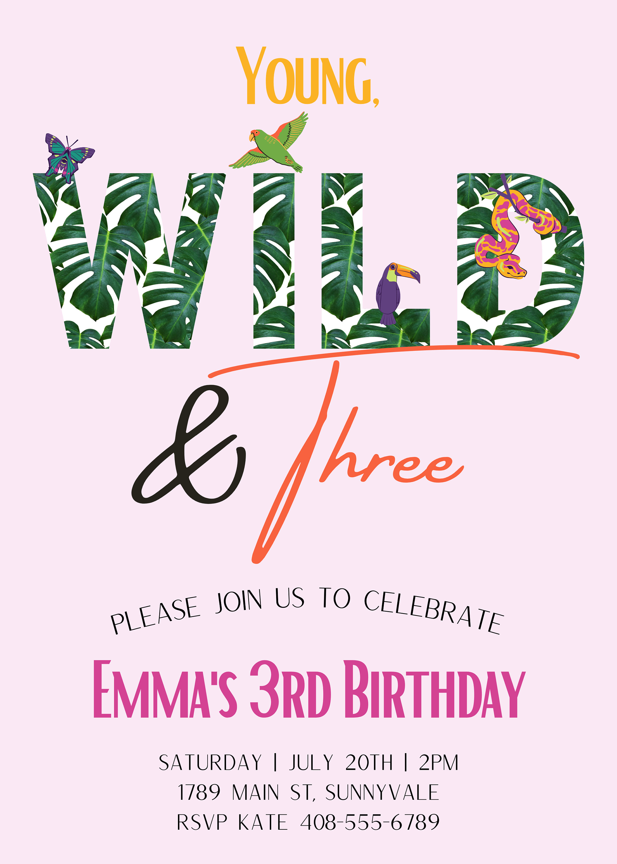 Modern Young Wild and Three Invitation, Girl Pink and Green Birthday ...