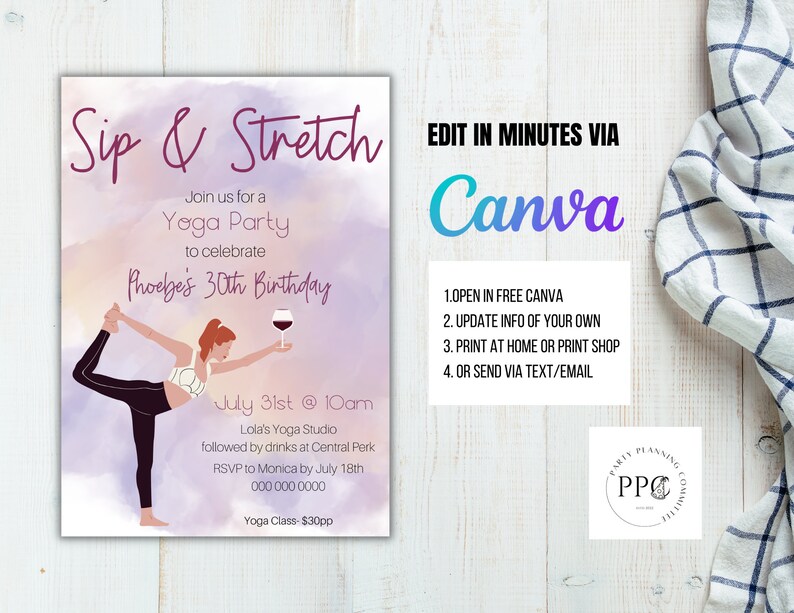 Sip & Stretch Yoga Party Invite, Ladies Yoga Party Invitation, Namaste ...