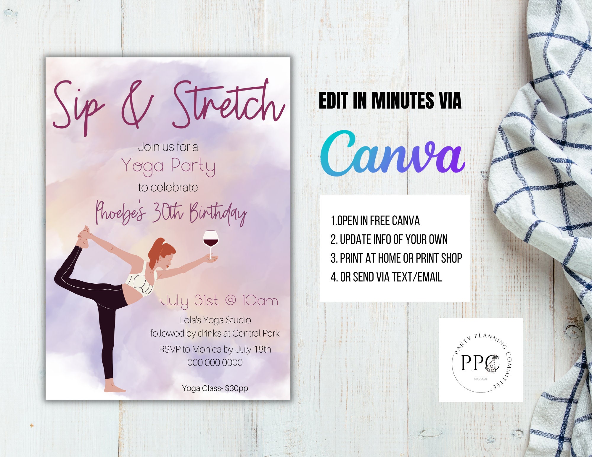 Sip & Stretch Yoga Party Invite, Ladies Yoga Party Invitation, Namaste ...