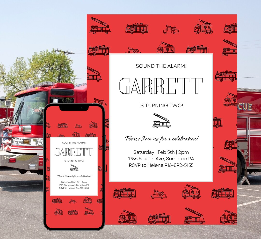 Fire Engine Birthday Party Invitation, Simple and Modern Firetruck ...