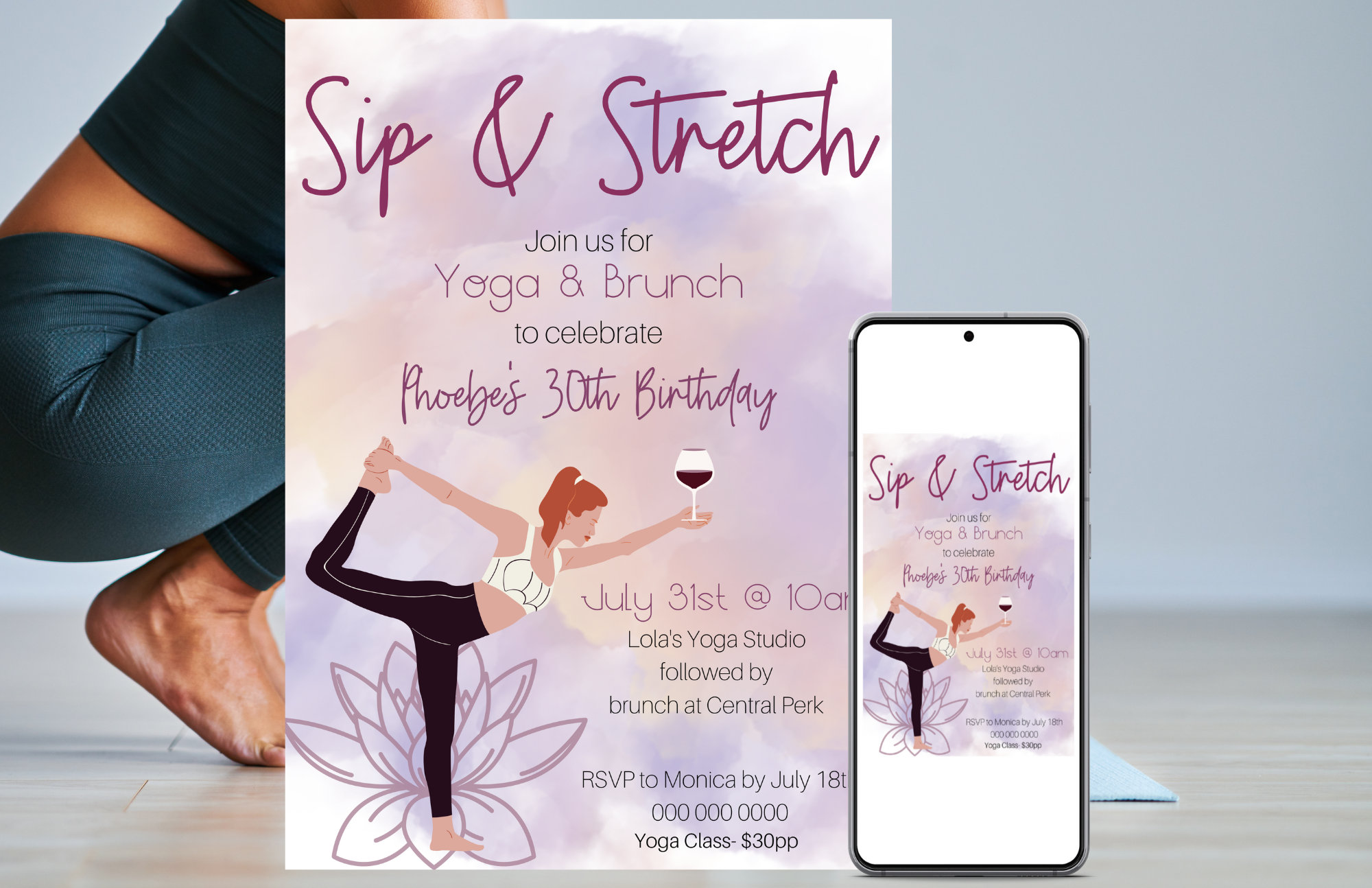 Sip & Stretch Yoga Party Invite, Ladies Yoga Party Invitation, Namaste ...