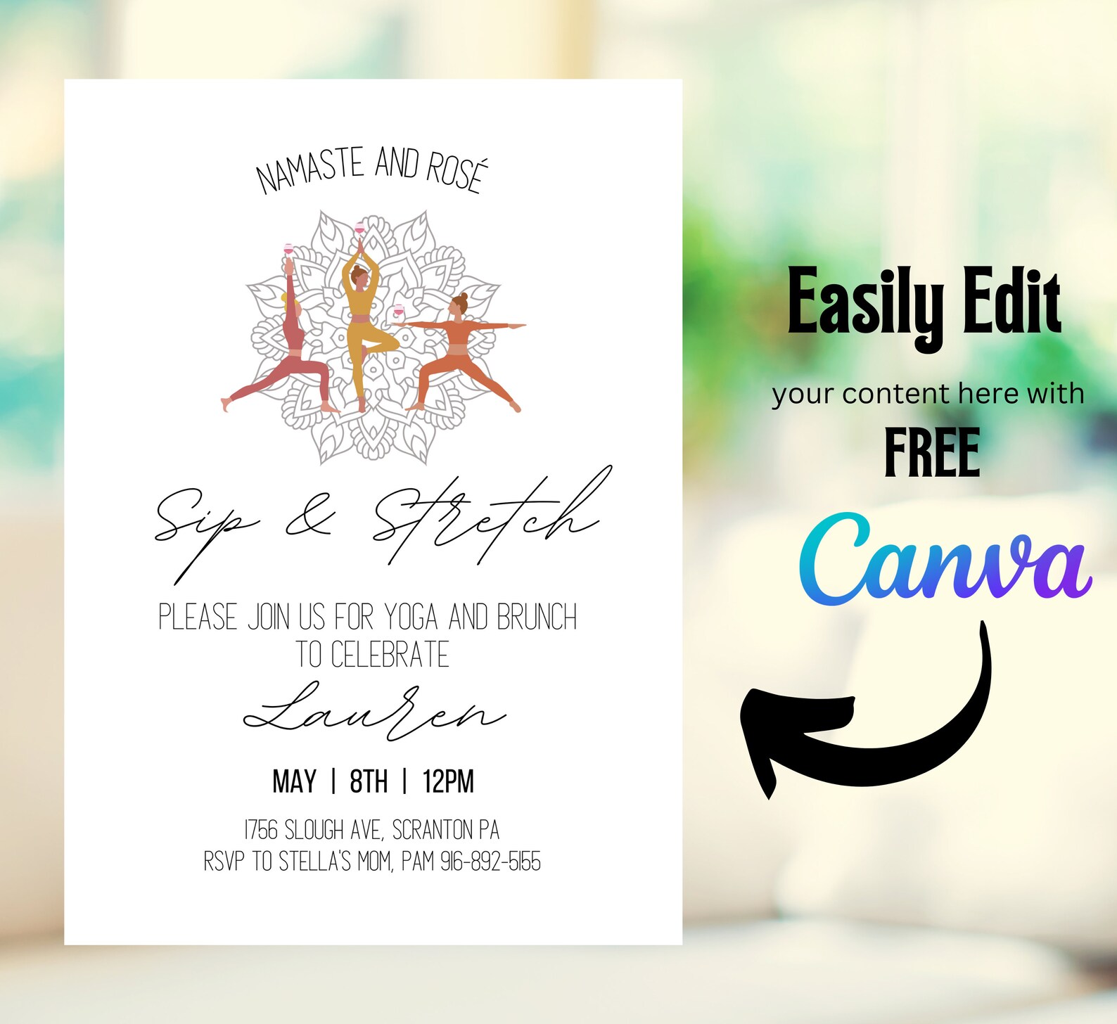 Ladies Yoga Party Invitation, Namaste and Rose, Minimal and Chic Yoga ...
