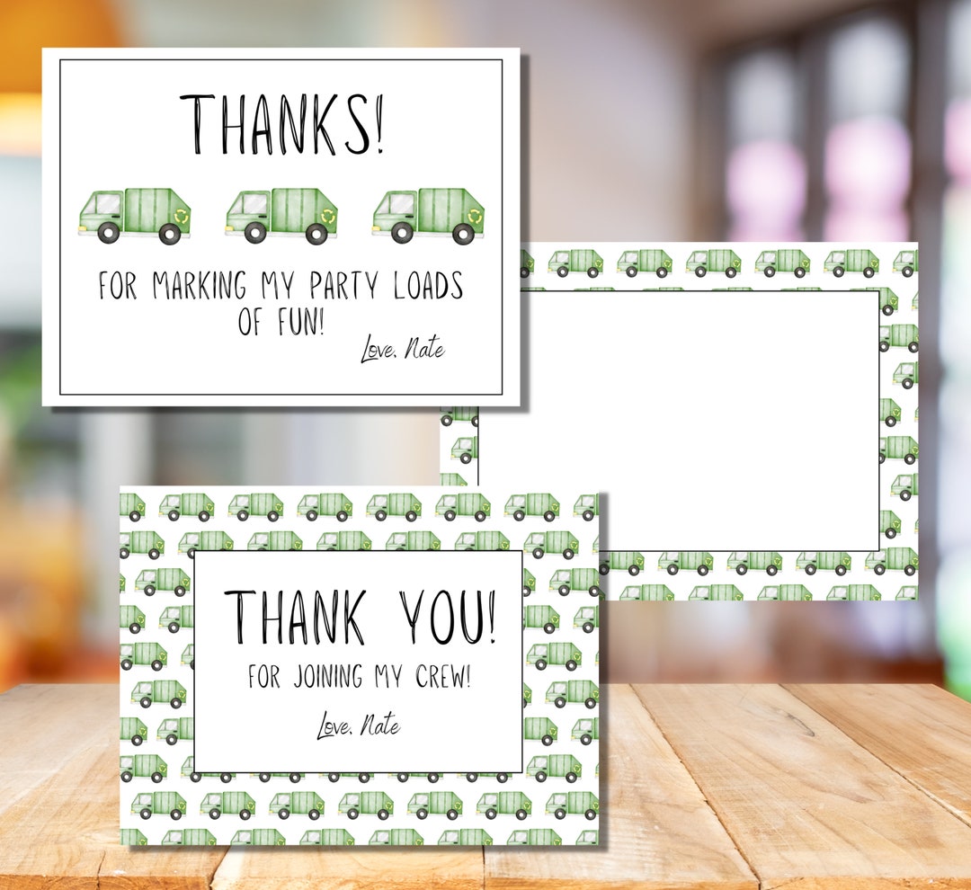 Garbage Truck Birthday Party Thank You Cards, Garbage Trash Truck Favor ...