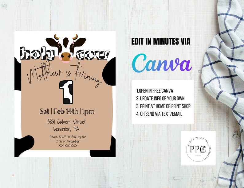 Holy Cow I'm One, Boys 1st Birthday Party Invitation, Editable Template ...
