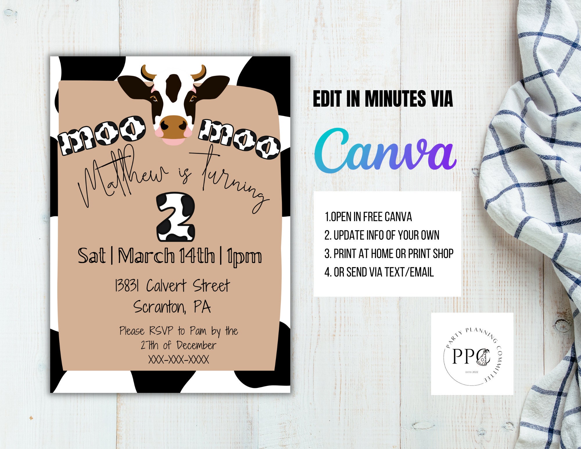 Moo Moo I'm Two! 2nd Birthday Invitation, Western Birthday, Farm ...