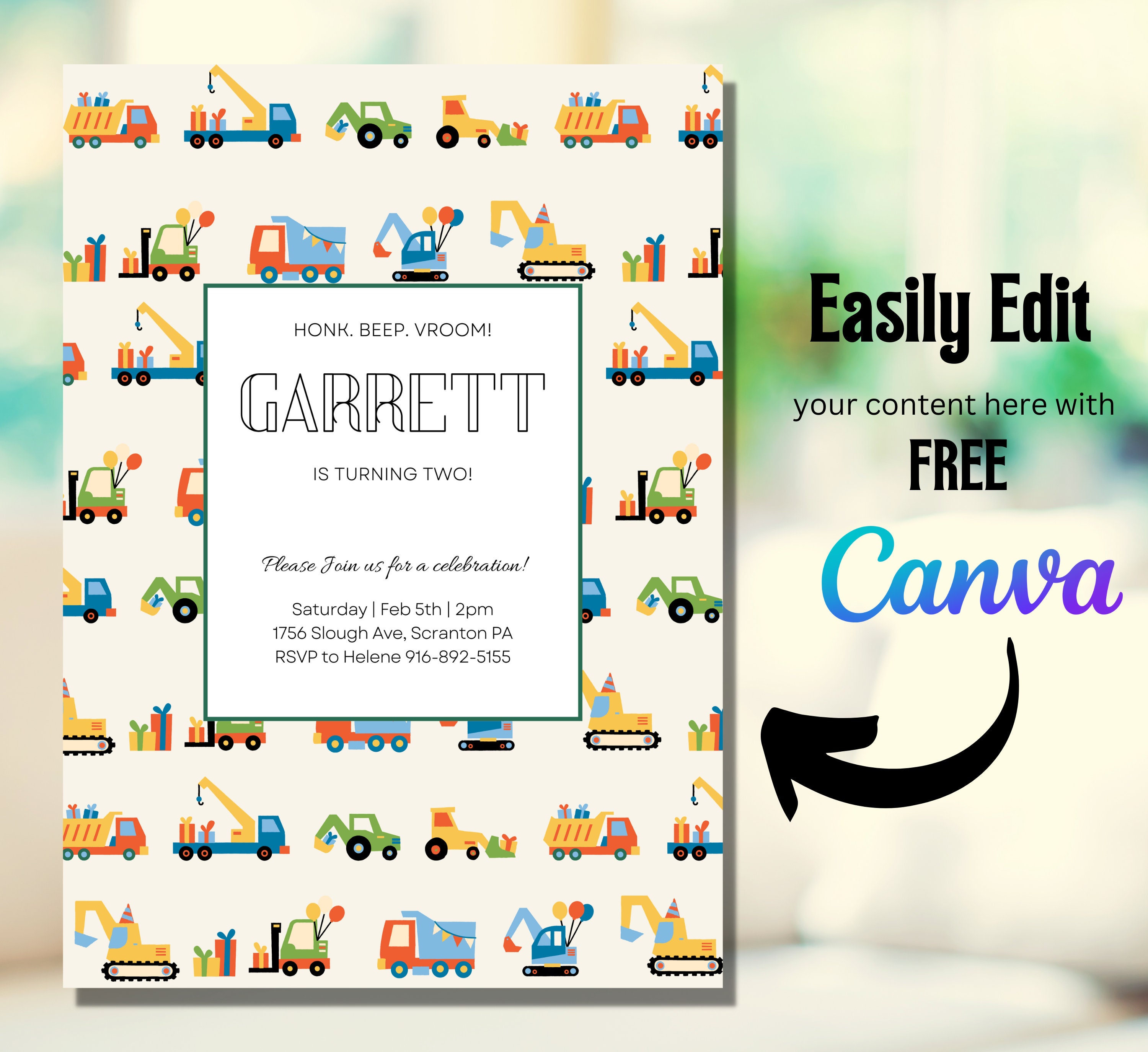 Editable Construction Party Invite, Boy Birthday Truck Invitation ...