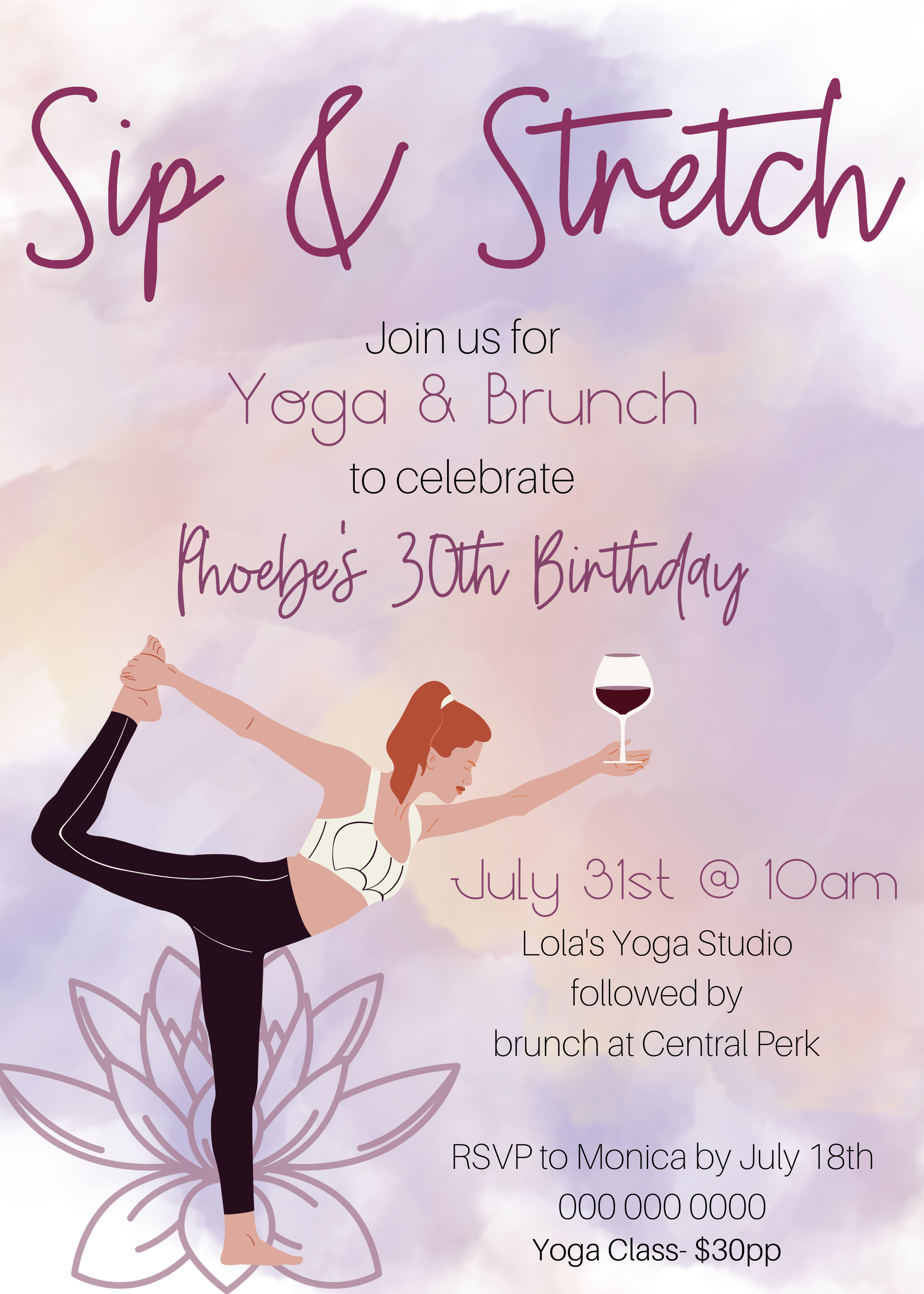 Sip & Stretch Yoga Party Invite, Ladies Yoga Party Invitation, Namaste ...