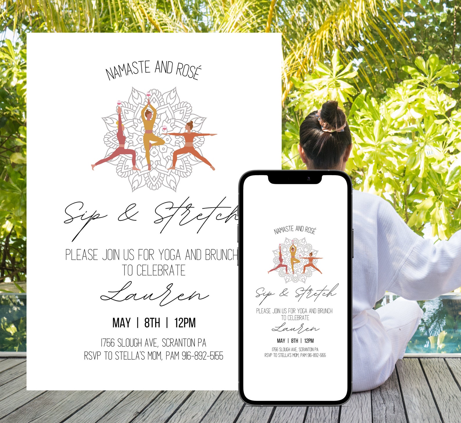Ladies Yoga Party Invitation, Namaste and Rose, Minimal and Chic Yoga ...
