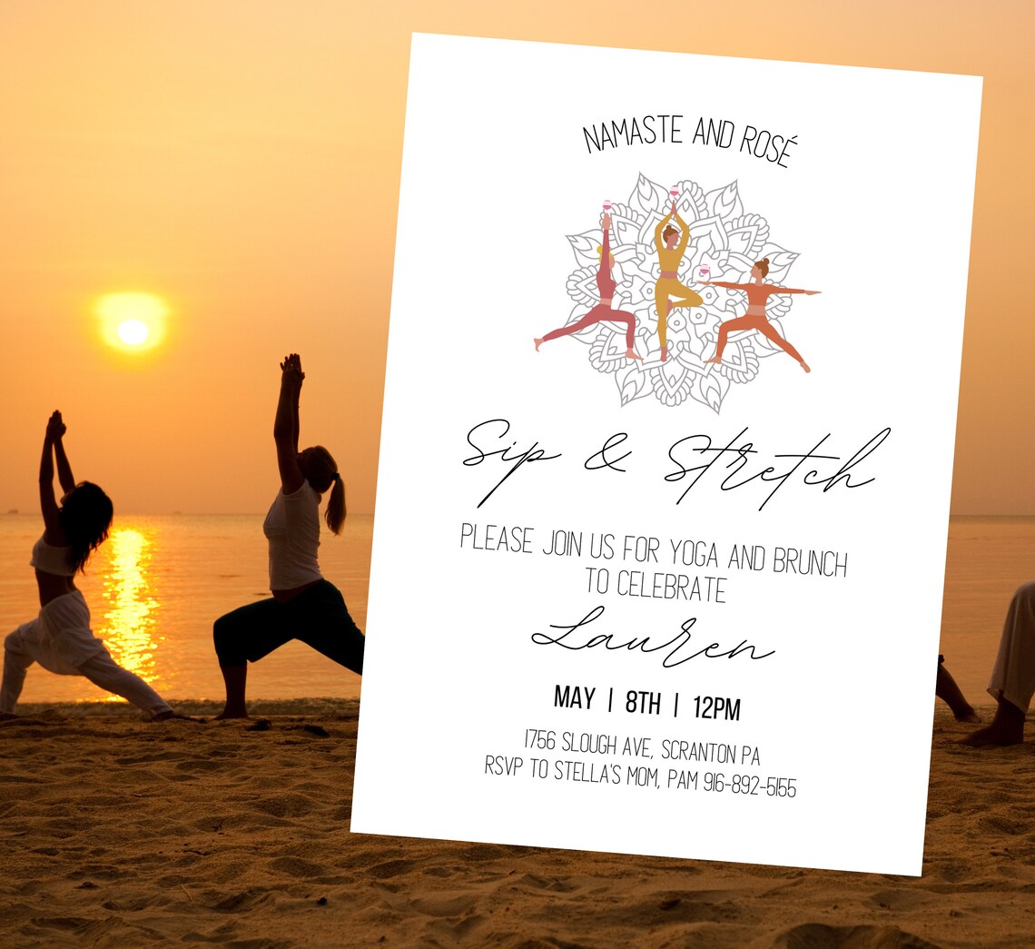 Ladies Yoga Party Invitation, Namaste and Rose, Minimal and Chic Yoga ...